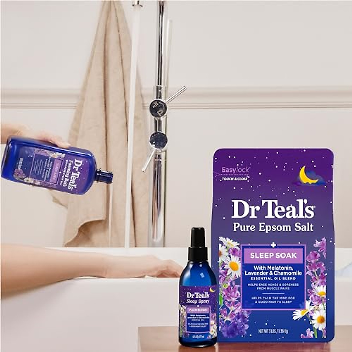 Dr Teal's Foaming Bath with Pure Epsom Salt, Sleep Blend with Melatonin, Lavender & Chamomile Essential Oils, 34 Fl Oz (Pack of 4) (Packaging May Vary)