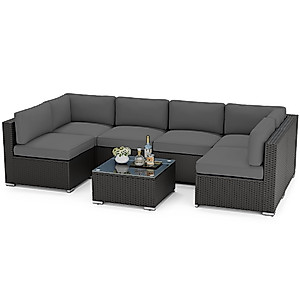 SOLAURA 7 Pieces Outdoor Patio Furniture Set, Black Brown Rattan Outdoor Patio Sectional Conversation Set, Modular Sofa Set with Coffee Table, Grey Cushion