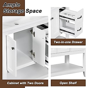30 Inch Bathroom Vanity Cabinet with Ceramic Sink, Two-in-one Functional Drawer, Sold Wood Legs, White