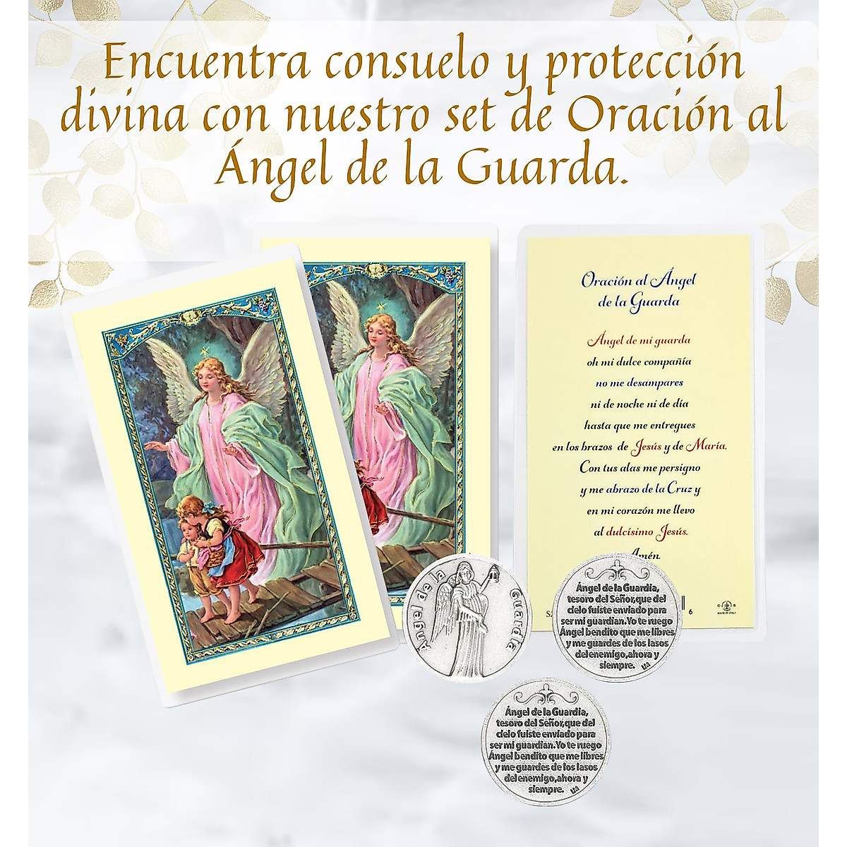 Spanish Catholic Guardian Angel Prayer Card - with Guardian Angel Coin - Laminated Double Sided Guardian Angel Holy Card, Guardian Angel Token - Angel De La Guarda Oracion Tarjetas - 6 Items Total