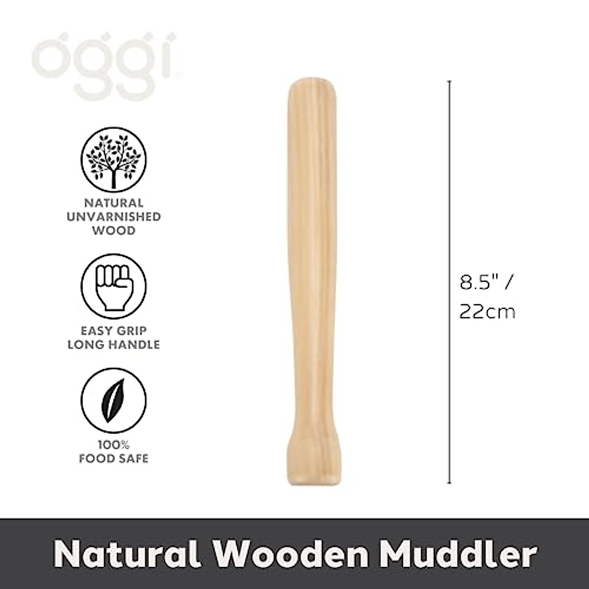 OGGI Long Muddler for Cocktails, Wooden, 8.5"/22cm - Ideal Bartender Accessories, Cocktail Accessories, Drink Muddler, Wood Muddler