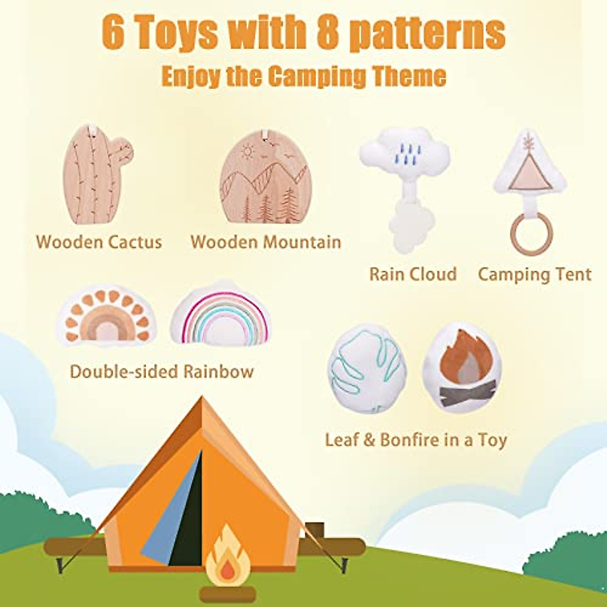 Mallify Wooden Baby Play Gym, Toddler Activity Center with 6 Hanging, Folding Hanging Bar, Pull Ring Toys, Easy to Assemble