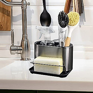 TEANXU Stainless Steel Sink Caddy Sponge Holder Organizer Tidy Drains Water Dish Brush Holder for Kitchen Counter