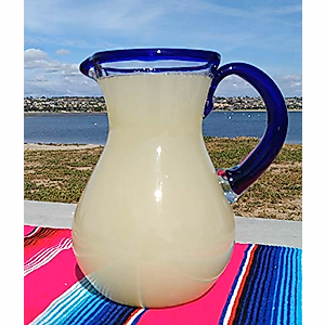 Mexican Hand Blown Glass Pitcher – Cobalt Blue Rim and Handle (84 oz)