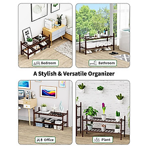 VOPOG Shoe Rack, 2-Tier Bamboo Shoe Rack for Front Door Entrance with Shoe Horn, Stackable Shoe Rack Organizer Shoe Shelf for Entryway, Hallway, Bathroom, and Closet Shoe Organizer - Brown