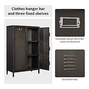 BYNSOE Metal Locker Storage Cabinet, 55.11” Employees Locker Wardrobe Industrial Steel Storage Cabinet with Hanging Rod Bar, Shelves and 4 Lockable Doors Vintage Locker for Home, School, Office, Gym