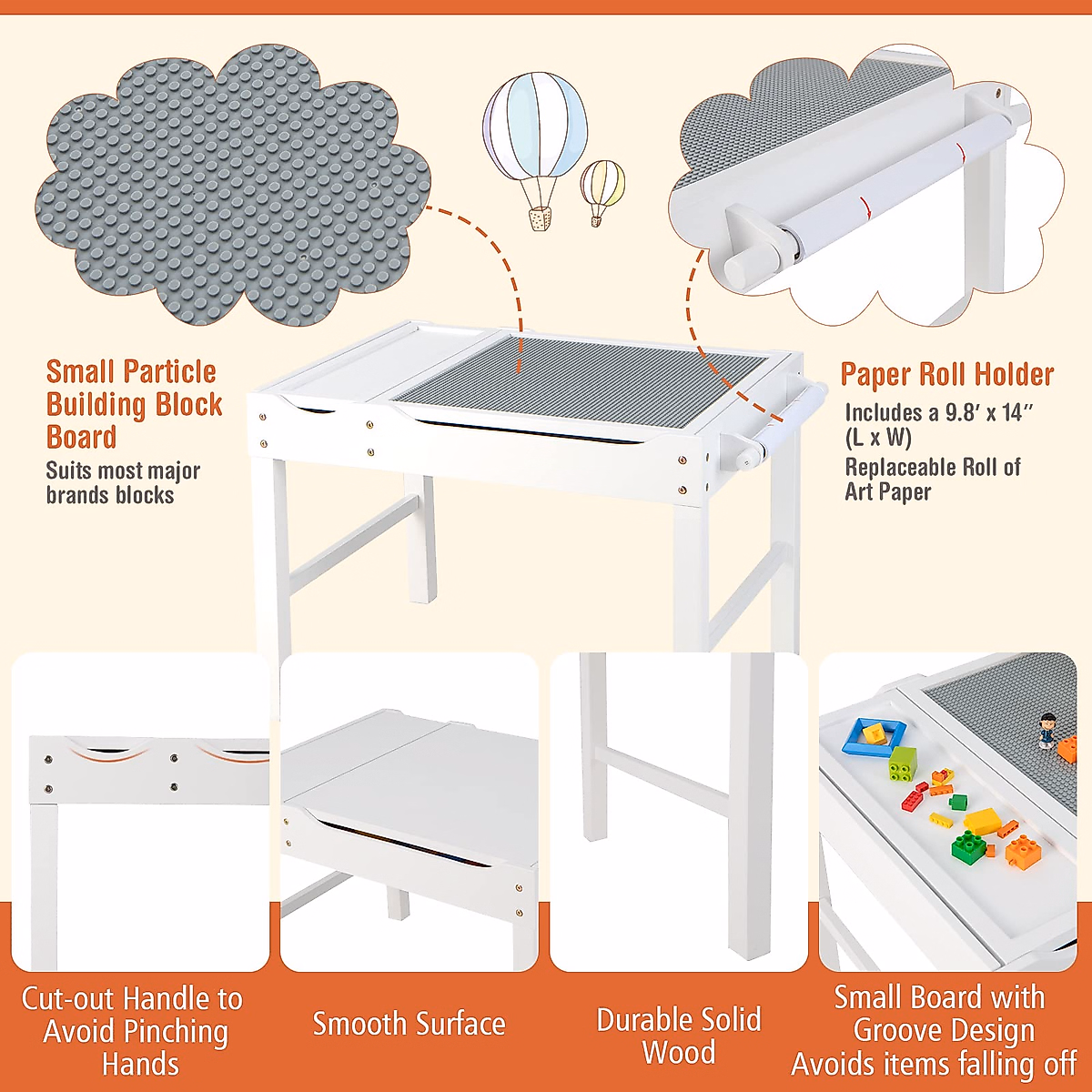 Costzon Kids Table, 3 in 1 Wood Building Block Desk w/Storage, Paper Roll, Reversible Tabletop for Toddler Arts, Crafts, Drawing, Reading, Playing, Gift for Boys Girls, Activity Table (White)