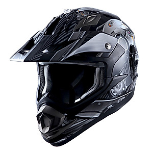 1Storm Adult Motocross Helmet Off Road MX BMX ATV Dirt Bike Mechanic + Motorcycle Bluetooth Headset: Skull Black