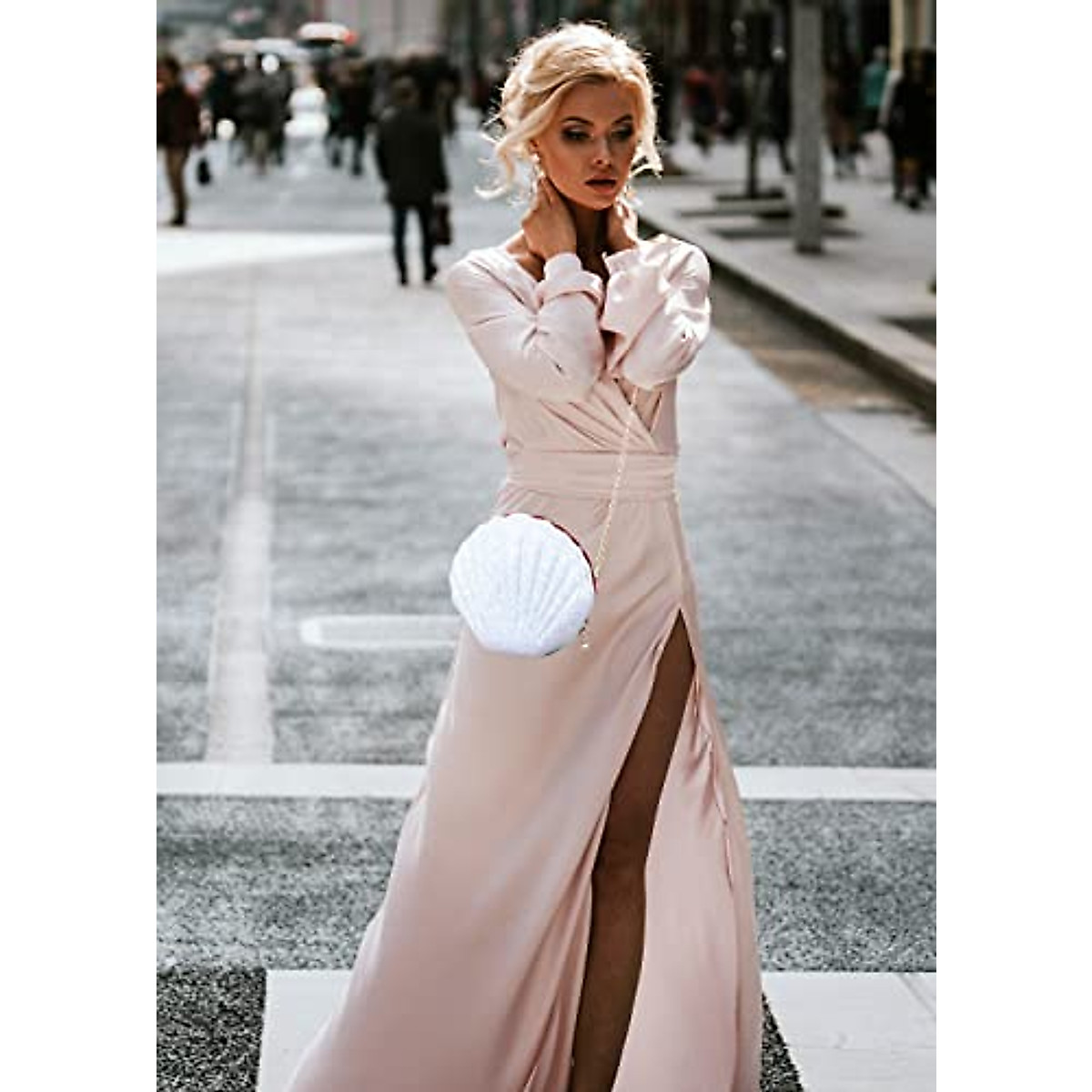 Van Caro Womens Sequins Shell Evening Purse Pearl Clutch Handbag Cross-body Shoulder Bag, White01