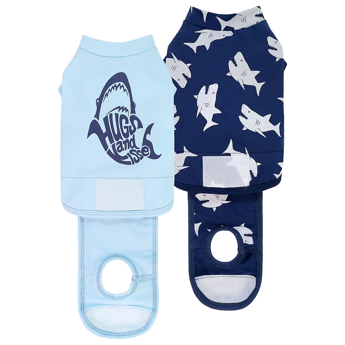 Fitwarm 2 Pack Shark Dog Recovery Suit for Surgery Spay Neuter, Surgical Onesie for Male and Female Dogs, Body Suits for Prevent Licking Wounds, Breathable Cotton, Navy Blue, Light Blue, Large