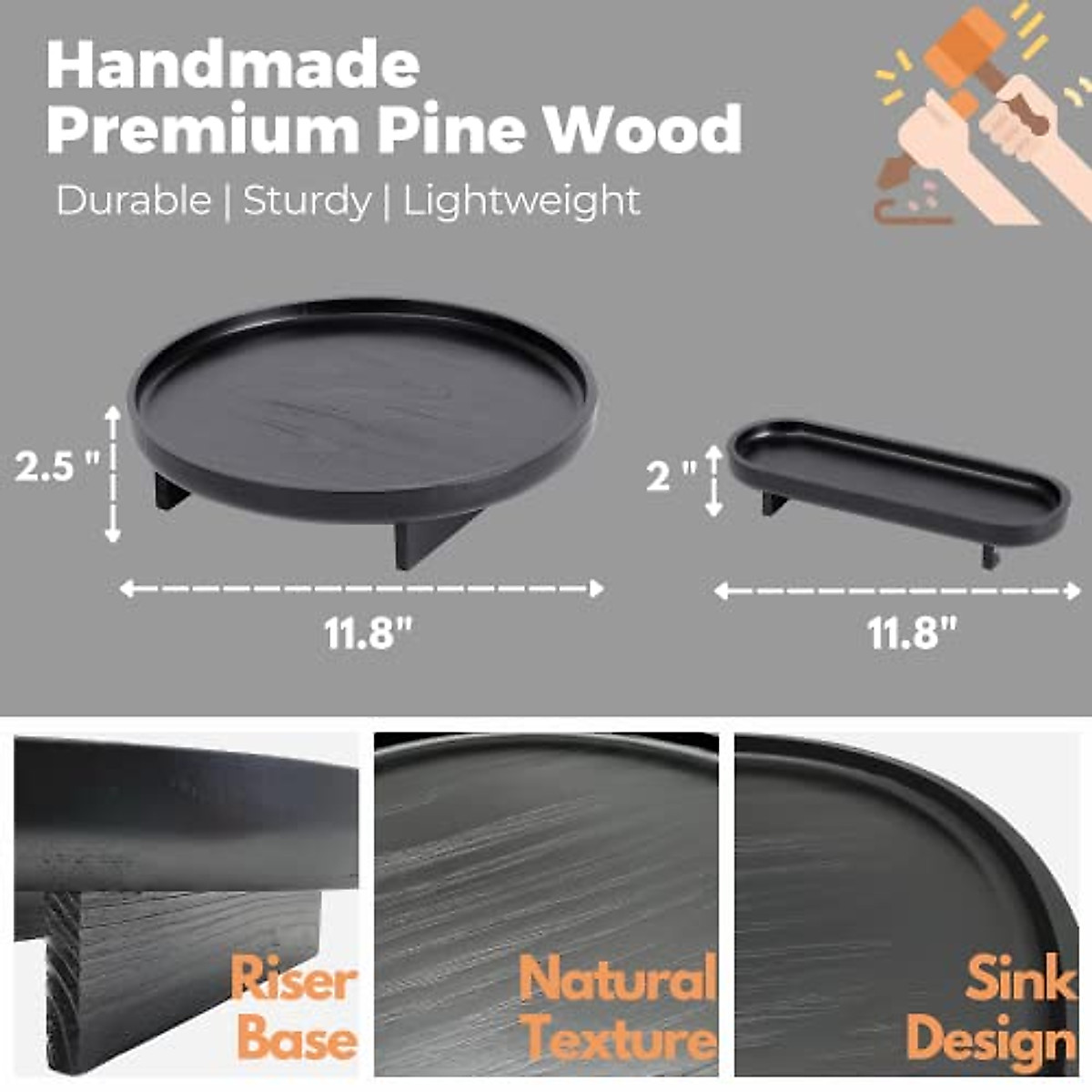 FERAHI Black Decorative Trays, 2 Pcs Black Trays for Coffee Table, Round Wood Serving Tray, Black Vanity Tray for Bathroom, Wood Riser for Kitchen, Black Tray Decor, Modern Farmhouse Decor