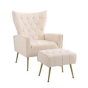 Modern Velvet Accent Chair with Ottoman, Elegant Wingback Armchair with Gold Metal Legs, Comfy Upholstered Single Leisure Sofa Reading Chair for Living Room Bedroom Club Apartment Home Office (Beige)