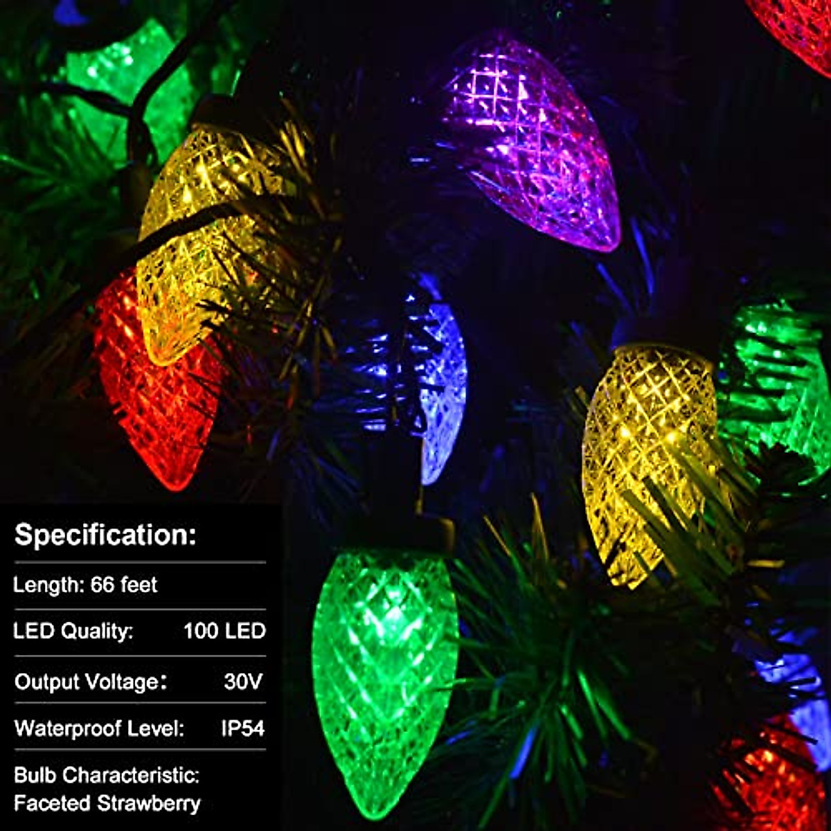 100 LED C9 Christmas Lights 66ft Green Wire Commercial LED Strawberry String Lights Outdoor Indoor C9 Bulbs Xmas Decorative Light Strand for Garden Yard Party Home Wreath Garland Christmas Tree (RGB)