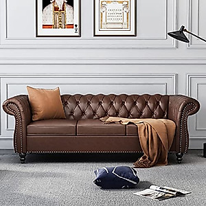 AVZEAR Leather Sofa 3 Seater Couch, Large Sofa Furniture Roll Arm Classic Tufted Chesterfield Settee Leather Sofa with Channel Tufted Seat Back for Living Room, Brown PU