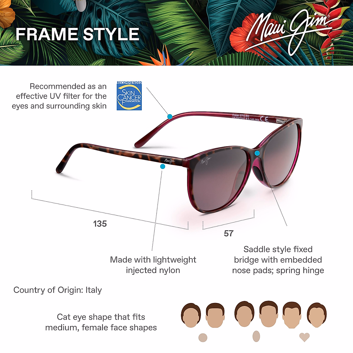 Maui Jim Women's Ocean Polarized Cat Eye Sunglasses, Tortoise w/ Raspberry/Maui Rose®, Medium