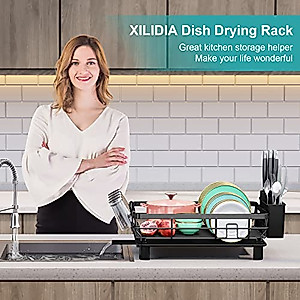 XILIDIA Dish Drying Rack with Drainboard, Grey Dish Racks for Kitchen Counter, Dish Dryer Rack with Drainage, Large Capacity Dish Drainer with Utensil Holder and Extra Dish Drying Mat