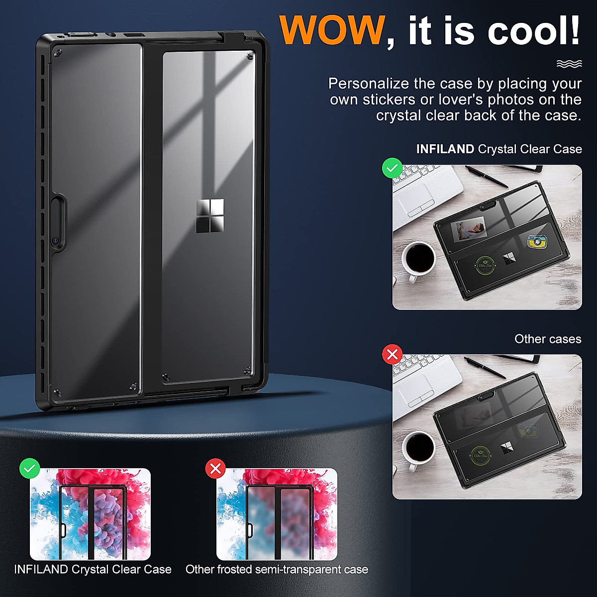 INFILAND Case Compatible with Microsoft Surface Pro 8, High Clear Transparent Shockproof Robust Portable Protective Case Multi-Angle Adjustable Stand for Surface Pro 8 13 Inch 2021 Tablet, Black