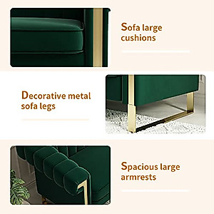 Kadway Green Velvet Loveseat Sofa Couch, 84" Luxury Large Sectional Sofa Couch with Gold Metal Legs for 3-4 Persons, Mid-Century Modern Sofa, Chesterfield Sofa Couch for Living Room Bedroom