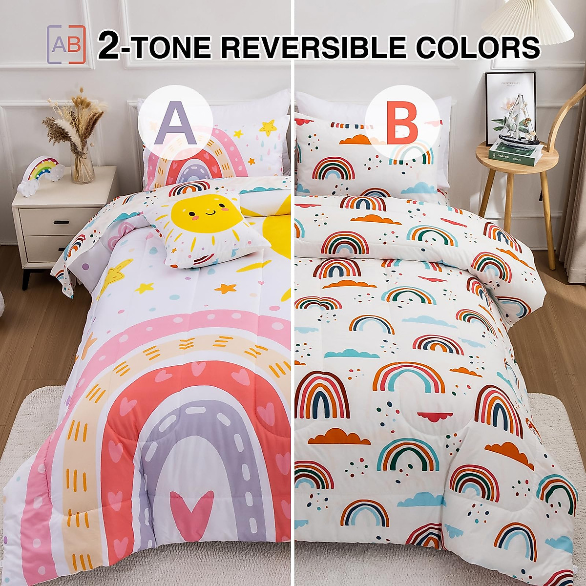 A Nice Night Bedding 6 Pcs Cartoon Rainbow Bedding Set with Smile Sun Printed for Boys Girls Bed Comforter Sets (White, Twin)