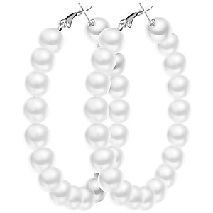 1950s Pearl Hoop Earrings White Pearl Earrings Drop Dangle Earrings for Women Bridal Presents (Silver Earpins,2.16 Inch)