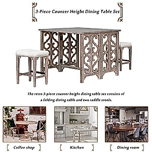 CKLMMC 3-Piece Retro Dining Set, Solid Wood Counter Height Pub Set with Foldable Table and 2 Saddle Stools for Kitchen, Small Space (Distressed Brown#Foldable)