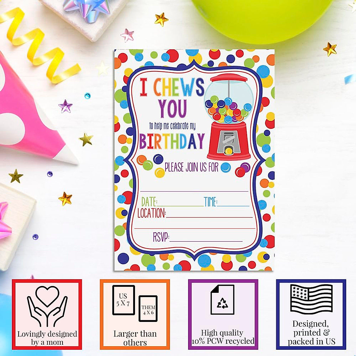 Cute Rainbow Colored Bubble Gum Themed Birthday Party Invitations for Kids, 20 5x7 Fill In Cards with Twenty White Envelopes by AmandaCreation…