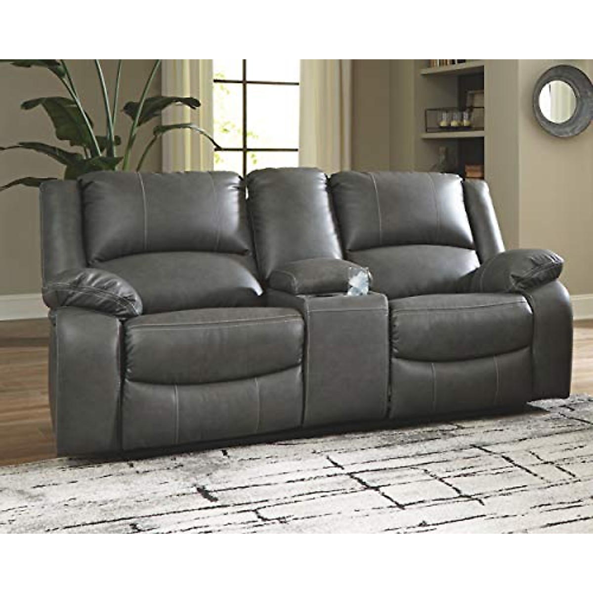 Signature Design by Ashley Calderwell Faux Leather Power Double Reclining Loveseat with Storage Console, Gray