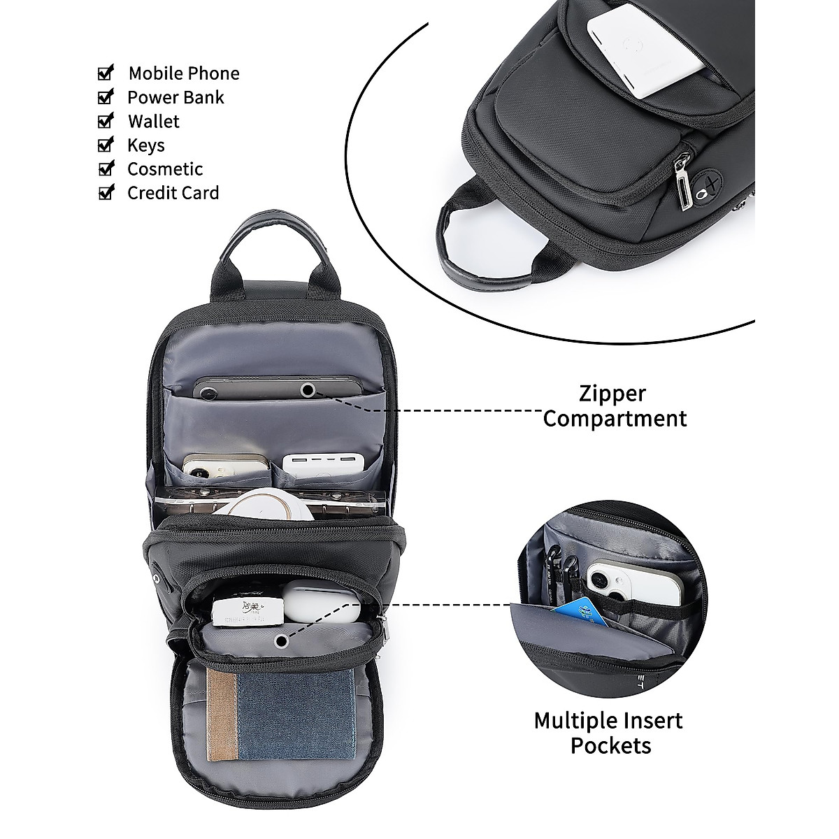 VGOCO Black Sling Bag for Men,Mens Crossbody Bag Hiking Sling Backpack Small Waterproof Anti Theft Shoulder Bag for Women One Strap Backpack Tactical Chest Bag Travel Casual Daypack