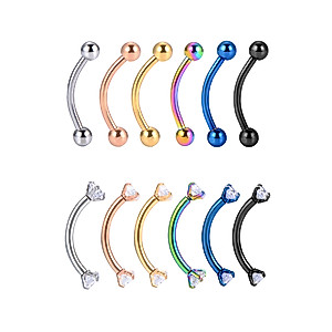 Mudder 12 Pieces 16 Gauge Stainless Steel Belly Lip Ring Eyebrow Studs Cartilage Tragus Cubic Zirconia Barbell Body Piercing, 2 Styles