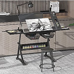Drawing Table Drafting Table Art/Adjustable Glass Drawing Table with 2 Drawers, Art Desk Art Table with Storage, Student Desk Study Desk for Drawing, Painting, Writing And Studying beautiful scenery