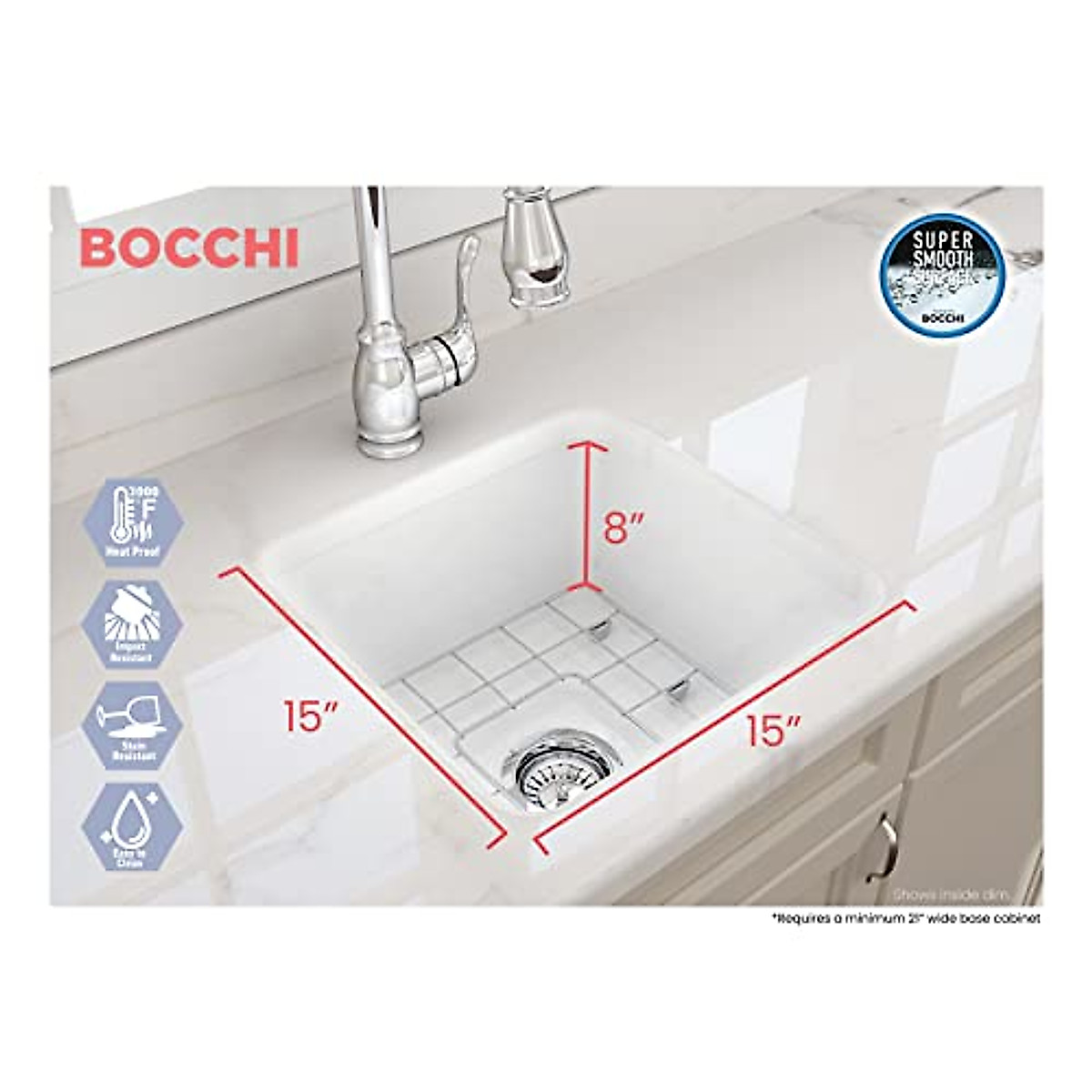 BOCCHI Sotto Dual-Mount Fireclay 18 in. Single Bowl Bar Sink with Protective Bottom Grid and Strainer in White
