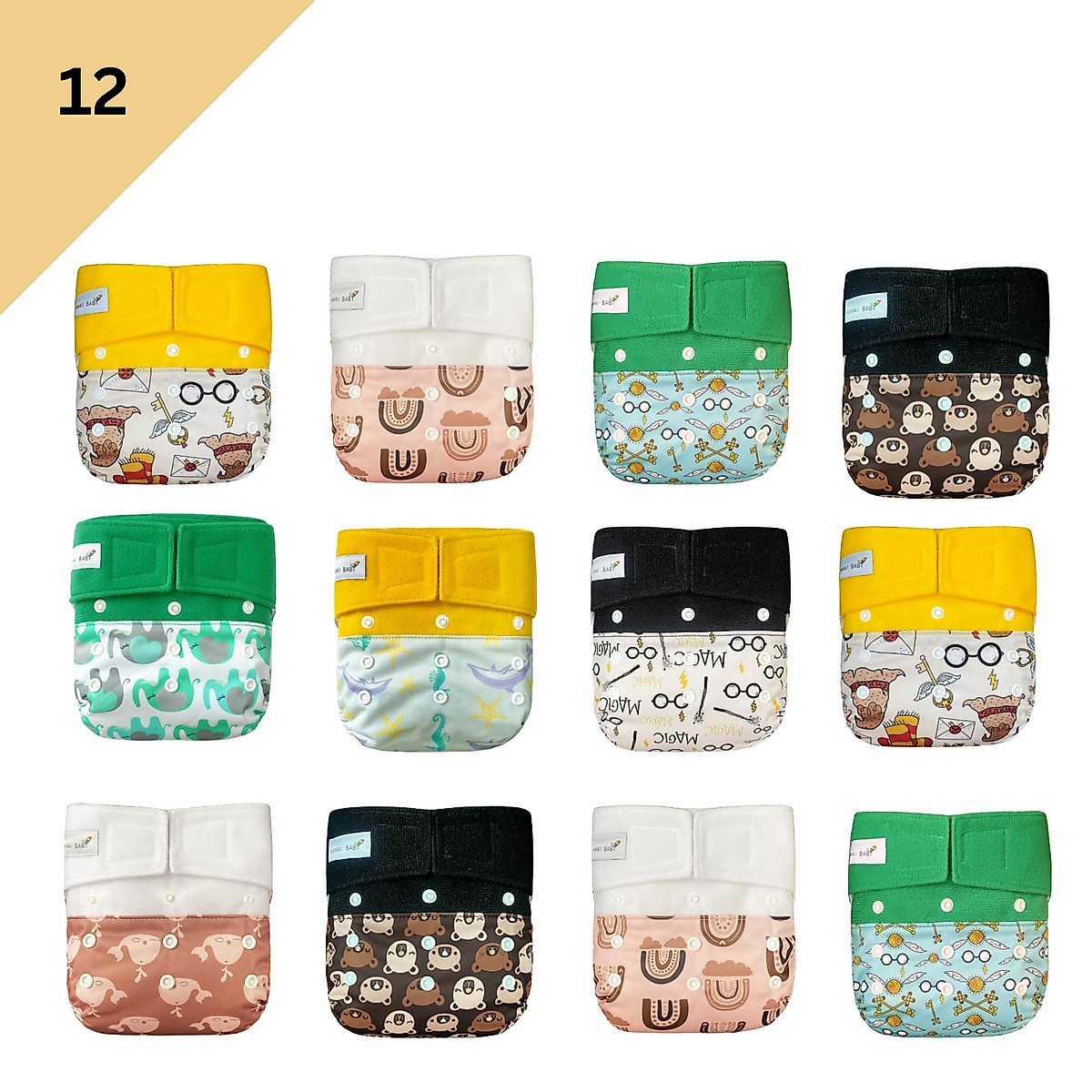 KaWaii Baby One Size HD3 Pocket Cloth Diapers, Best Daycare Nappies, Washable, Reusable, Leakfree, Unisex, Pack of 12 Diapers