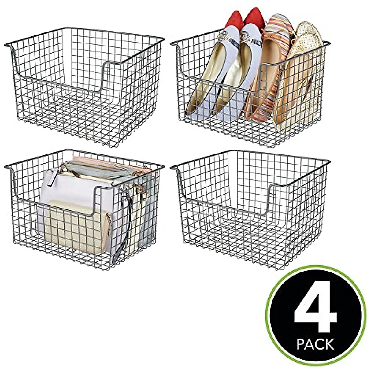 mDesign Metal Wire Closet Storage Basket Organizer with Front Dip Opening for Organizing Bedroom, Bathroom, Mudroom, Entryway, Hallway, or Linen Closets - Concerto Collection - 4 Pack - Graphite Gray
