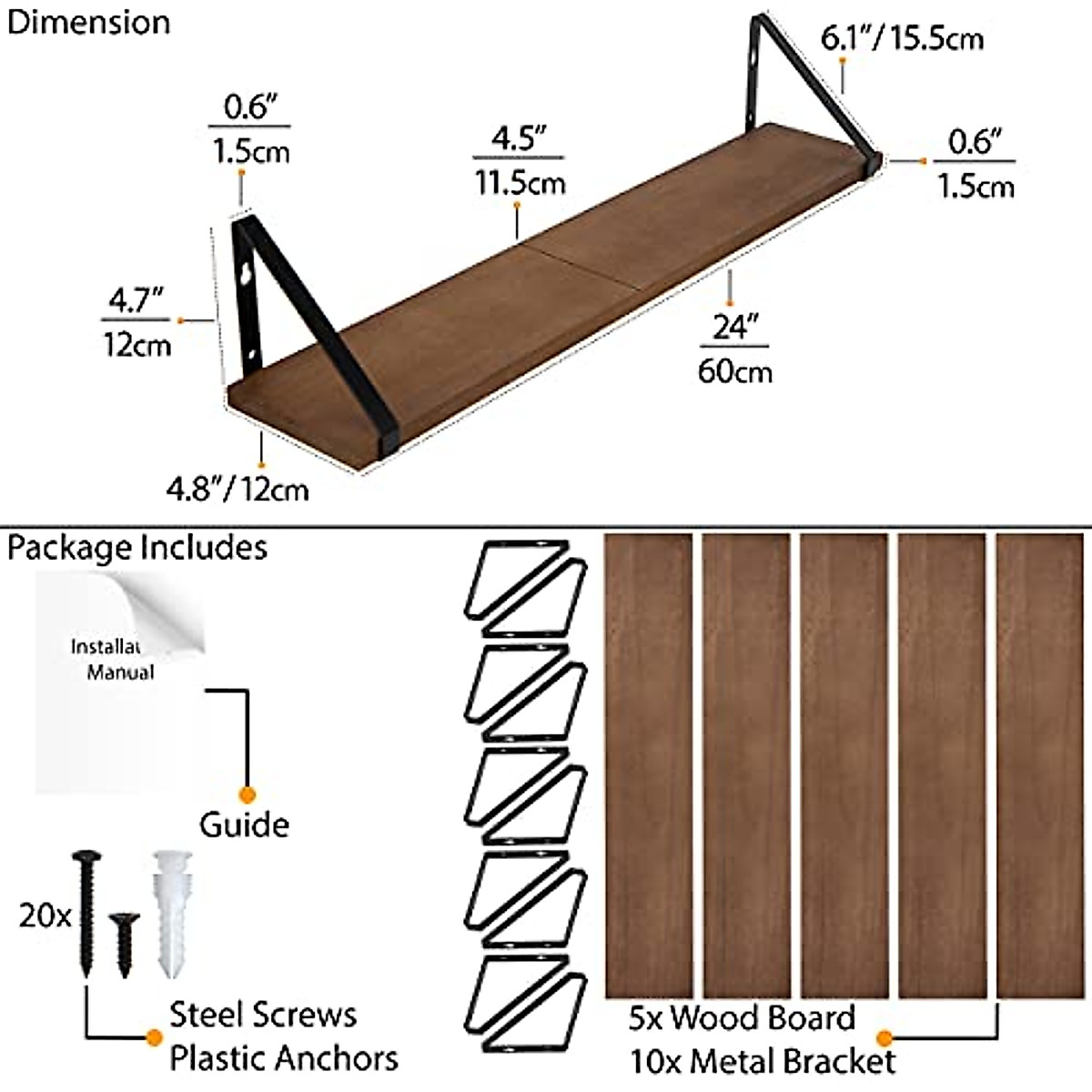 Wallniture Ponza Floating Shelves for Wall, 24" Floating Bookshelf, Wood Wall Shelves for Bedroom Decor, Walnut Set of 5
