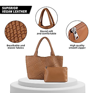 Brown Vegan Leather Woven Tote Bag for Women - Large Beach Bag with Small Purse, Handmade Top-handle Travel Handbag