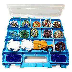 HOME4 Double Sided No BPA Toy Display Storage Container Box - Compatible with Mini Toys, Small Dolls, Tools Beyblade - Heavy Duty Organizer Carrying Case - 34 Adjustable Compartments (Blue)