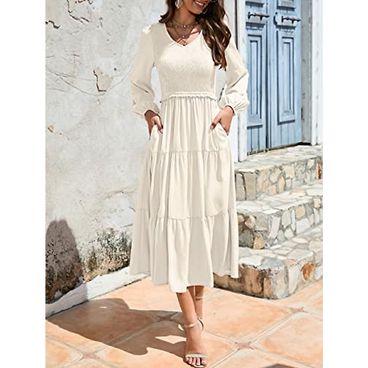MEROKEETY Women's Long Sleeve Smocked Fall Dress A Line Tiered Midi Maxi Dress with Pockets,Beige,M