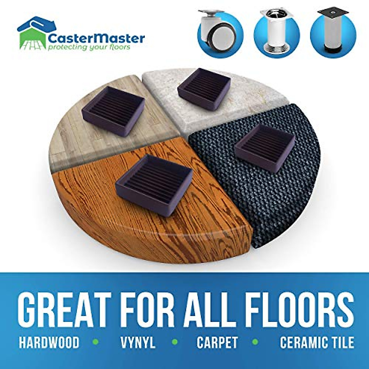 CasterMaster Non Slip Furniture Pads - 2x2 Square Rubber Anti Skid Caster Cups Leg Coasters - Couch, Chair, Feet, and Bed Stoppers with Anti - Sliding Floor Grip (Set of 4)