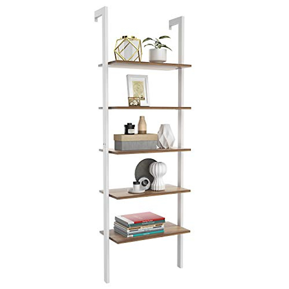 Tangkula Industrial Ladder Shelf Against The Wall, 5-Tier Wall Mount Ladder Bookshelf with Metal Frame, 72 Inches Open Bookcase Plant Flower Stand Display Storage Rack for Home Office