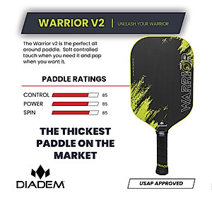 Diadem Warrior V2 Pickleball Paddle – Liquid Carbon Fiber Edgeless Design, Etched Face for Lasting Spin, 19MM Thick, 3 Layer Construction (Yellow)