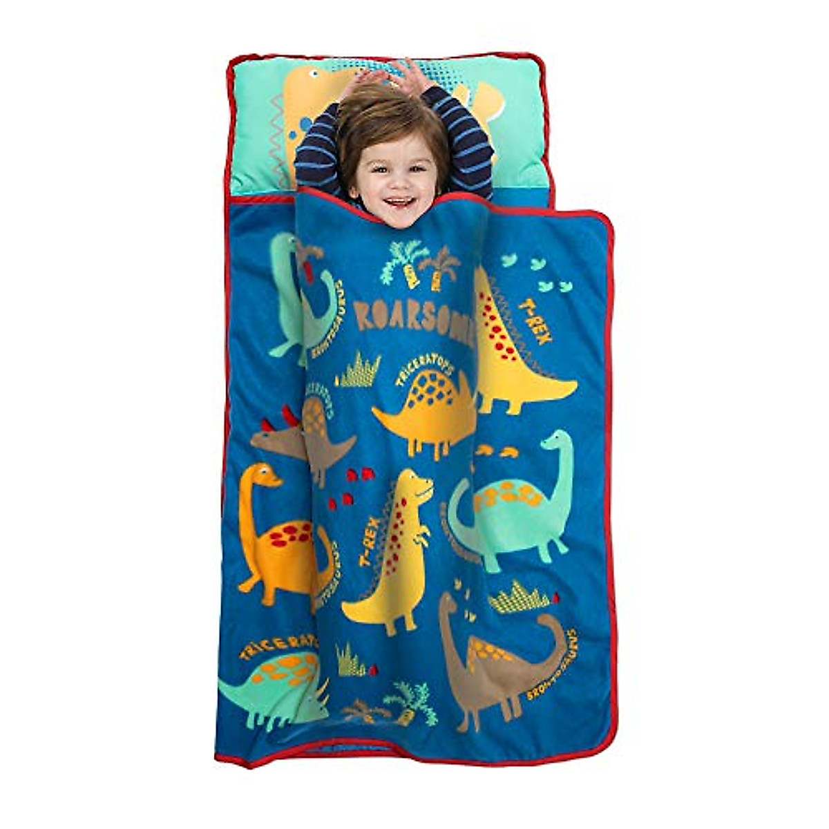 Baby Boom Funhouse Dinosaurs Kids Nap Mat Set – Includes Pillow and Fleece Blanket – Great for Boys Napping during Daycare or Preschool - Fits Toddlers, Blue