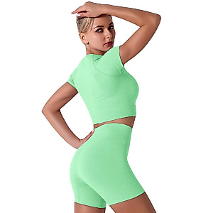 Women's Seamless Yoga Outfits 3 Pieces Workout Short Sleeve Crop Top + Camisole Tank Sports Bra + High Waisted Running Shorts Sets Activewear Athletic Fitness Tracksuit Gym Clothes Mint Green Small