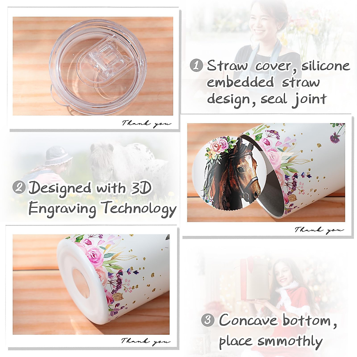 Umigy 2 Pcs Christmas Horse Gifts Horse Print Tumbler Pink Horse Socks for Women, 20 oz Skinny Water Tumbler with Lids Straw and Straw Brushes for Christmas Horse Lovers Gifts