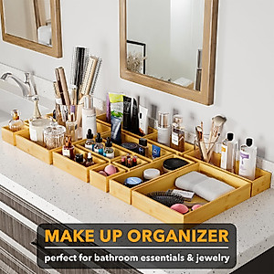 SpaceAid 14-Piece Bamboo Drawer Organizer Storage Boxes Set, Wood Tray Junk Drawer Organizers Multi-Use Divider Bins for Kitchen, Bathroom, Office Desk and Makeup Organization (14 Pack, Natural)