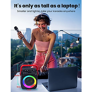 Karaoke Machine with Two Wireless Microphones, Portable Karaoke Machine for Adults & Kids, Portable Bluetooth Speaker with PA System, LED Lights, Supports TF Card/USB, AUX in, FM, USB,TWS (Red)…