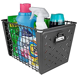 Spectrum Diversified Macklin, Stamped Steel & Wire Basket for Closet & Cubby Storage Vintage-Inspired Design with Customizable Label Plate, Medium, Industrial Gray