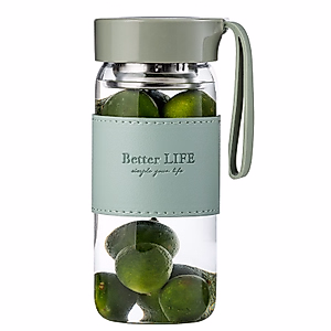 DNIENKGE Glass tea bottle 16 oz drinking bottle with Non-Slip holster, and Stainless Tea Infuser,Leak Proof Lid,Portable glass water bottle for school, office, car home,as a gift, etc (Green)