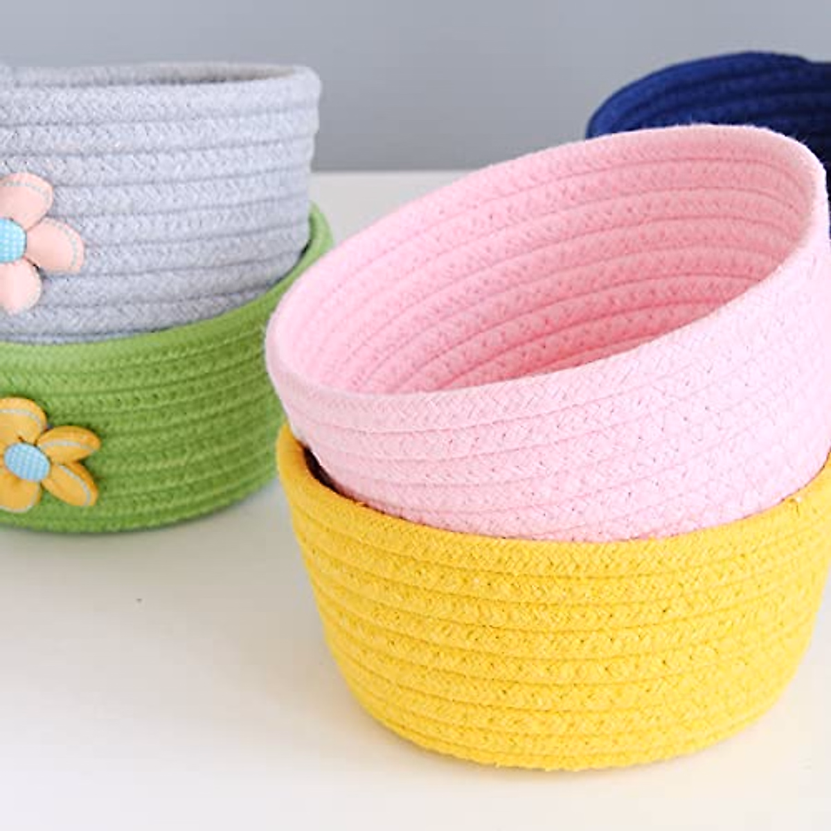 Tutuba Cotton Rope Baskets, Woven Round Cute Storage Baskets Decorative Storage Bins for Desk Dog Cat Toy Kids Baby Girls Gifts