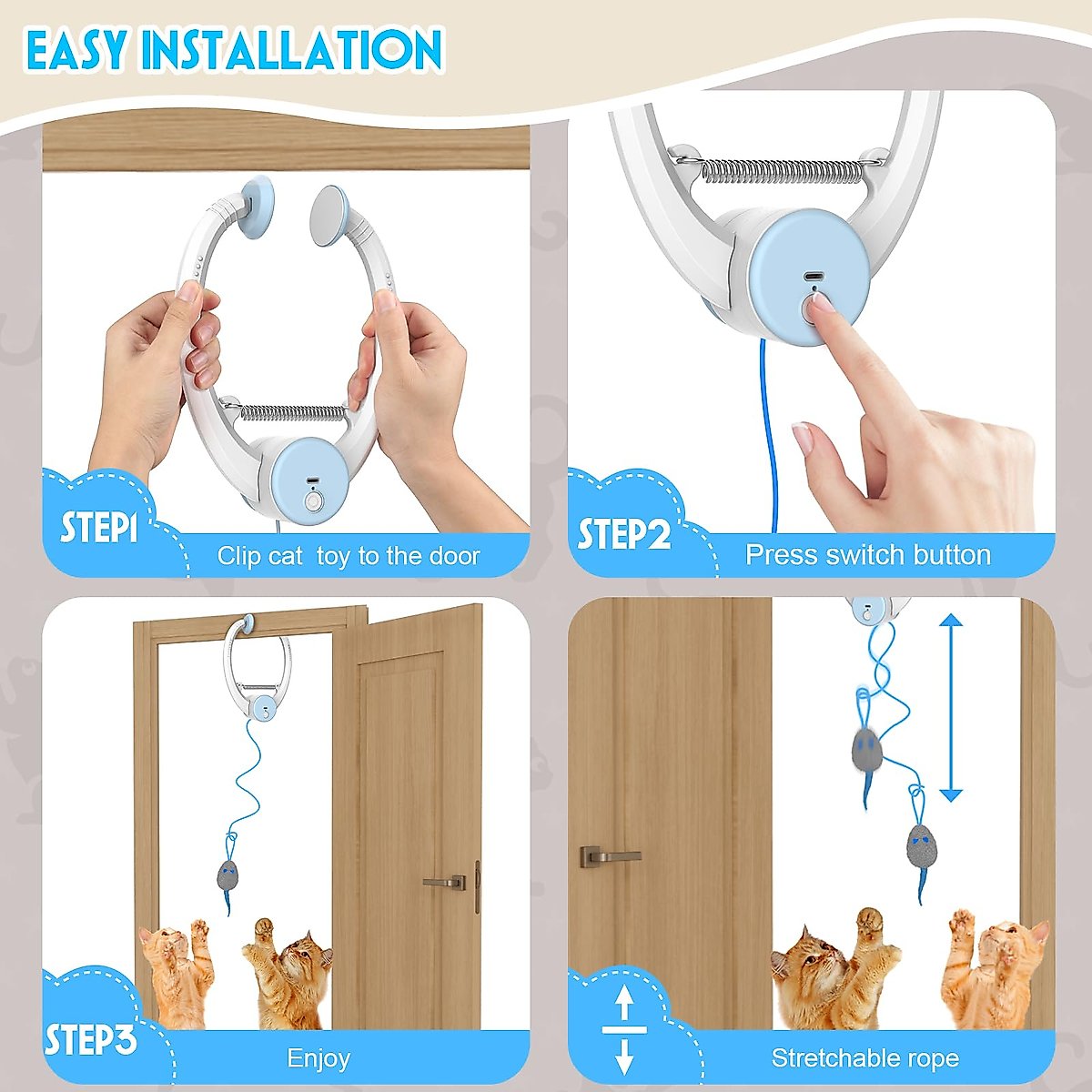 Kezlume Cat Toy Interactive for Indoor Cats, Smart USB Rechargeable Door Hanging Automatic Retractable Kitten Toys, Teaser Electronic Self Play Feather Cat String Toy Attached with 3 Catnip Mice White