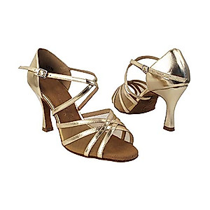 Very Fine Dance Shoes - Ladies Latin, Rhythm, Salsa, Waltz Ballroom Dance Shoes - SERA1605-3-inch Heel and Foldable Brush Bundle - Gold Leather - Flesh Mesh - 8